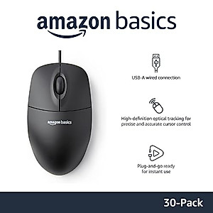 Amazon Basics 3-Button Wired USB Computer Mouse, Black - Pack of 30