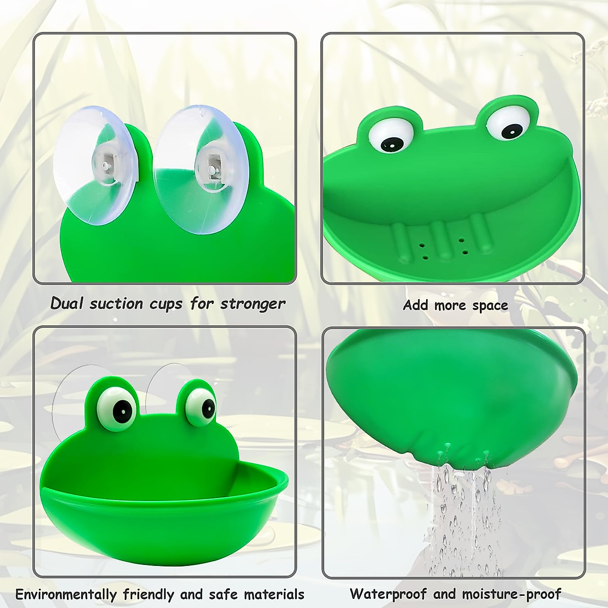OWMOSYX Frog Habitat with Suction Cup, 2 Pcs Cute Fish Tank Accessories Frog Dish Holder Frog Decor Frog Terrarium Decor for Tree Frog Toad Tadpole, Plastic, Green