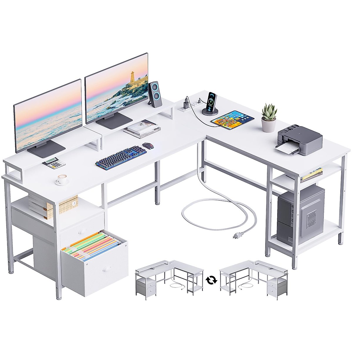 Furologee White 66” L Shaped Desk with Power Outlet, Reversible Computer Desk with File Drawer & 2 Monitor Stands, Home Office Desk with Storage Shelves, Corner Desk for Gaming Writing