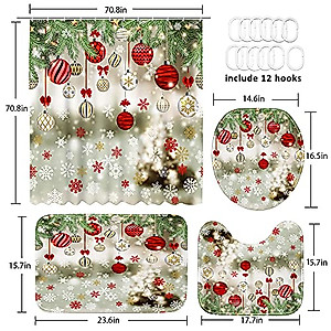 ArtSocket 4 Pcs Shower Curtain Set Colorful Christmas Balls Snowflakes with Non-Slip Rugs Toilet Lid Cover and Bath Mat Bathroom Decor Set 72" x 72"