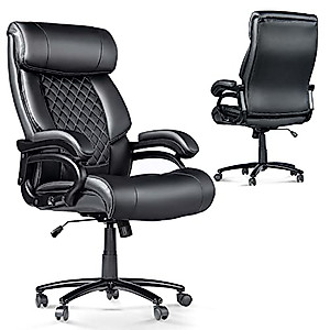 Big and Tall Office Chair, Computer Desk Chair with High Back, Office Chairs for Heavy People, PU Leather Home Office Desk Chair for Bedroom, 360°Rotating Heavy Duty Office Chair, Black