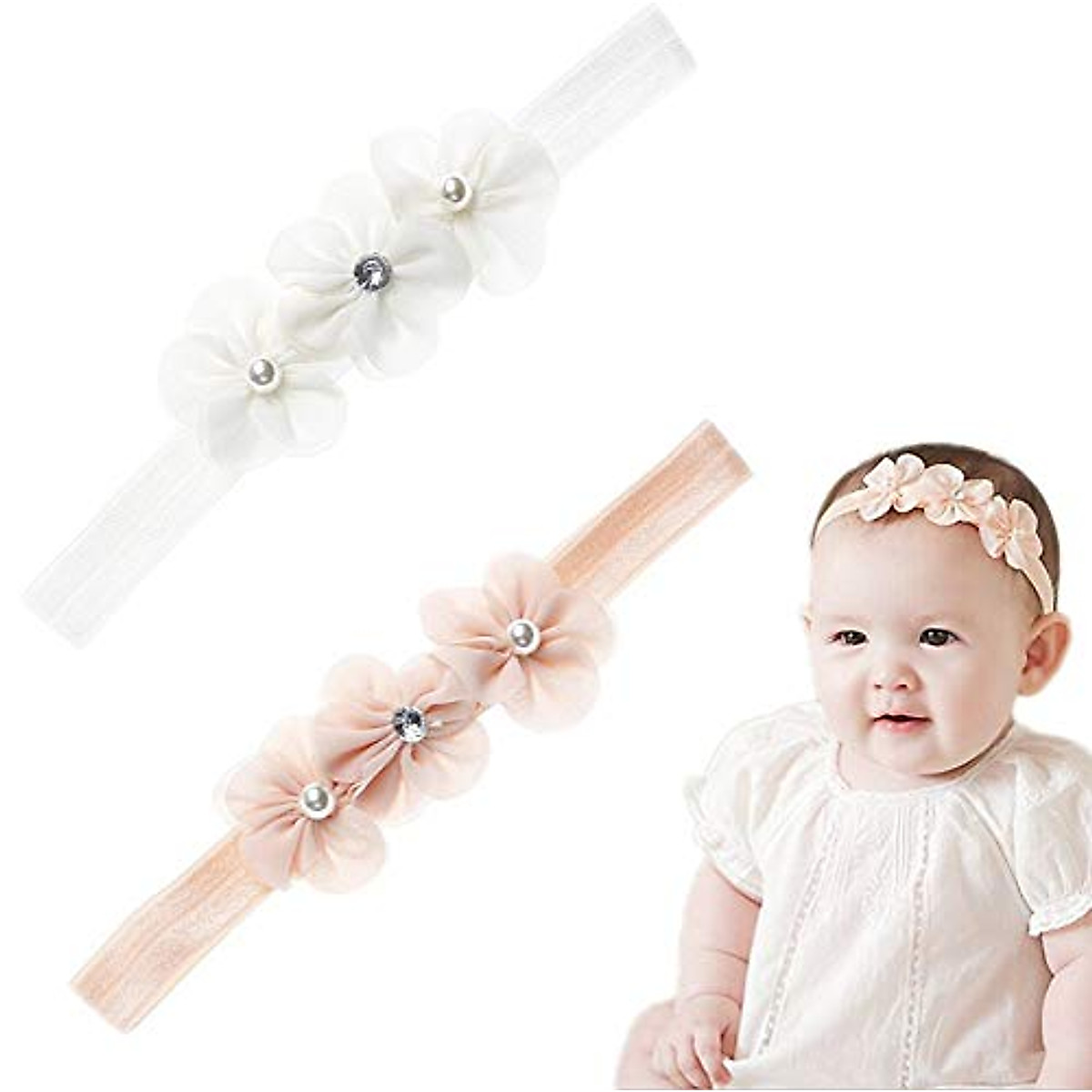 Asufegucd Baby Toddler Elastic Chiffon Flower Headbands Princess Girls Hand Sewing Beads Flower Headwear Nylon (QJ318)