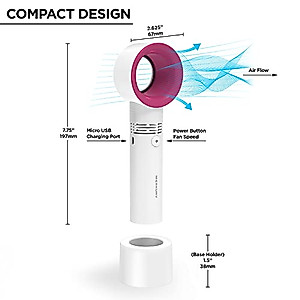 Merkury Innovations Whirlwind Personal Cooling Fan, No Blades, Rechargeable with USB Cable, Mini Bladeless Fan for Travel, Handheld or Hands-free, Pink