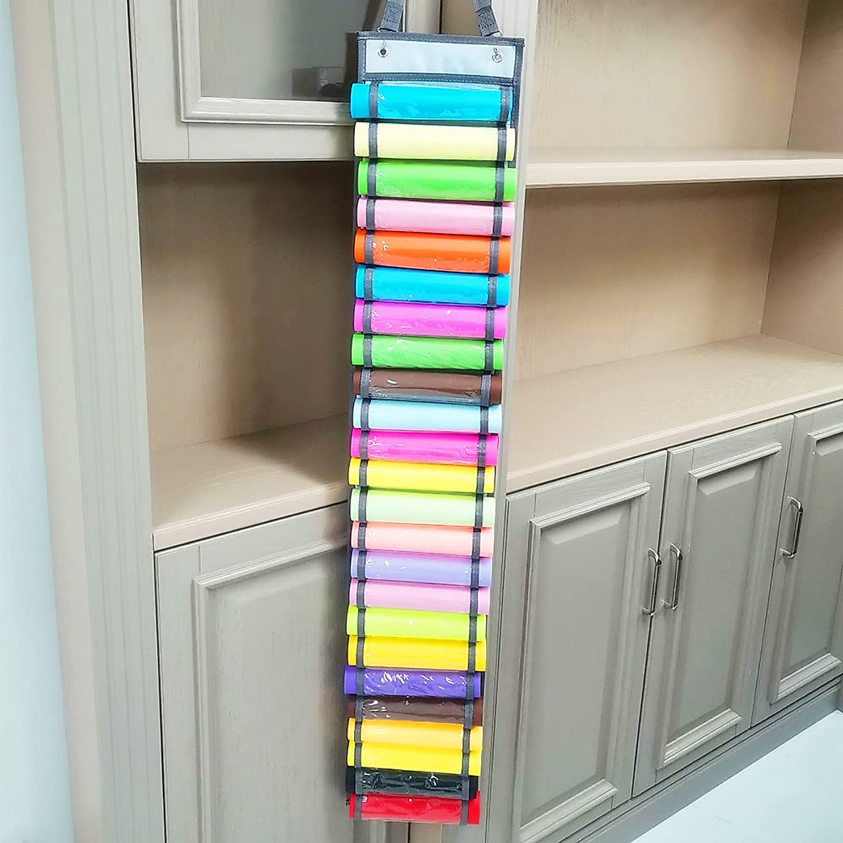 WAQIAGO Vinyl Roll Holder,24 Compartments Vinyl Roll Organizer Door and Wall Mount, Hanging Craft Storage Bag Over Door,Scrapbook Paper Storage, Gift Wrap Organizer, 50x8.66inch (W170950E1PTZP)