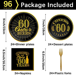 96 Pcs Cheers 60th Birthday Plates and Napkins Party Supplies Cheers to 60 Years Tableware Set 60th Party Birthday Decorations Favors for Men Women Serves 24