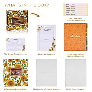 KitchenMania Sunflower Recipe Binder Kit, 8.5x9.5 Recipe Ring Binder 3 Ring Organizer Set with 50 Recipe Cards 4x6 Double Sided, 12 Category Dividers Tabs and Page Protectors