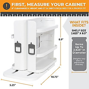 Cabinet Caddy SNAP! (White | Pull & Rotate Spice Rack Organizer| 3 Snap-In Shelves Adjust for 5 Levels of Storage | Magnetic Modular Design | Non-Skid Base | 8.9”H x 6.1”W x 10.8”D