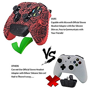 9CDeer Studded Protective Customize Transfer Printing Silicone Cover Skin Sleeve Case + 8 Thumb Grips Analog Caps for Xbox One/S/X Controller Leaves Red Compatible with Official Stereo Headset