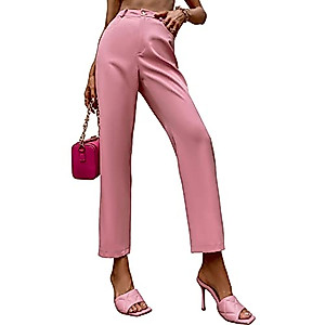 SweatyRocks Women's Slant Pocket High Waist Straight Leg Anti Wrinkle Pants Watermelon Pink S