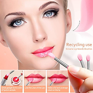 Spove 12pcs Silicone Lip Brush Makeup Eyebrow Lipstick Brushes Applicator Cosmetic Brush Set Silicone Brushes Wands Fit Balm Mask Oil Pink