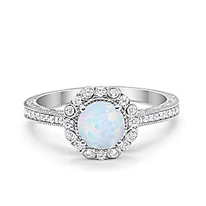 Blue Apple Co. Art Deco Filigree Halo Wedding Engagement Bridal Ring Solid Round Created White Opal 925 Sterling Silver, Size-8