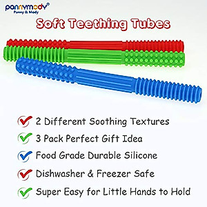 Sensory Teething Tubes(3 Pack), Soft Silicone Teether Toy for Babies - Therapeutic Chewy Stick for Kids, Boys and Girls with Autism, ADHD, SPD, Biting, Chewing, Oral Motor Needs(Blue,Green,Red)