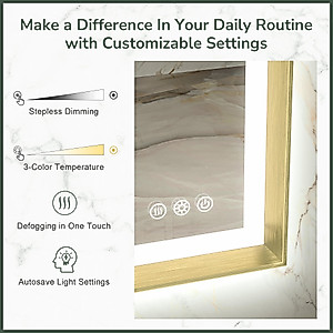 TokeShimi 30x36 Inch Gold Light up Bathroom Vanity Mirror with Front Lights and Backlit for Wall Aluminum Alloy Frame Rectangle Beveled Edge Tricolors Stepless Dimmable Anti-Fog Memory Function