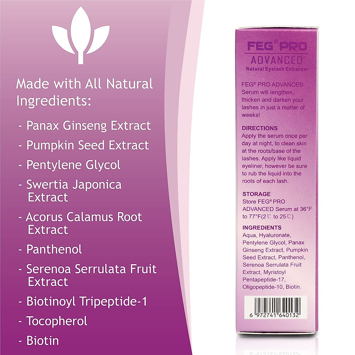 FEG Pro Advanced Specially Formulated Extra Strength Natural Eyelash Enhancer Serum for Growing Naturally Thicker, Fuller, Longer, and Seductive Eyelashes | 3ml | Stimulates Eyelash Growth