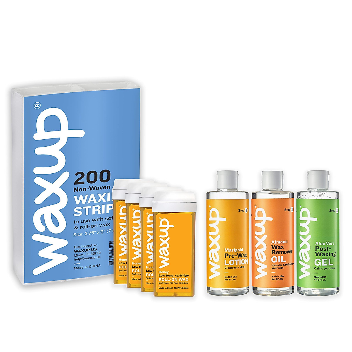 waxup Honey Roll On Wax 4 Pack and 200 Wax Strips, Before And After Waxing Skin Care Set, Hair Removal Waxing Kit.