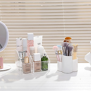 Yesesion Clear Makeup Organizer with 5 Compartments, Plastic Bathroom Counter Storage for Skincare, Toothbrush, Cosmetics Brushes, Palette, Lipsticks, Hair Accessories Holder for Vanity Dresser