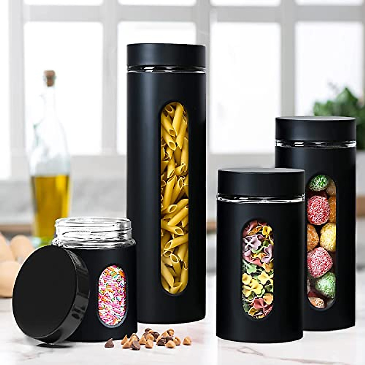 Quality Modern Black Stainless Steel Canister Set for Kitchen Counter with Glass Window & Airtight Lid - Food Storage Containers with Lids Airtight - Pantry Storage and Organization Set