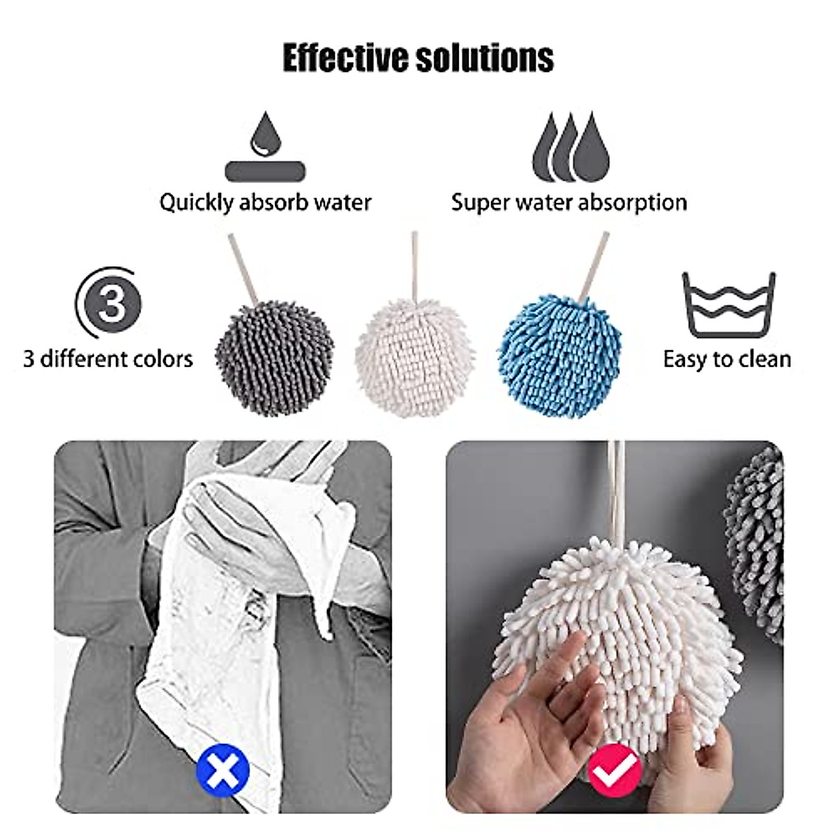 Chenille Hand Towel Ball,Super Soft/Quick Drying/Fast Dry/Strong Water Absorption/Microfiber Velvet,Cleaning Wash Cloths/Wipe/Puff/Dryer Sponge for Bathroom/Kitchen,with Hanging Loop/Wall Hook(3 Pcs)