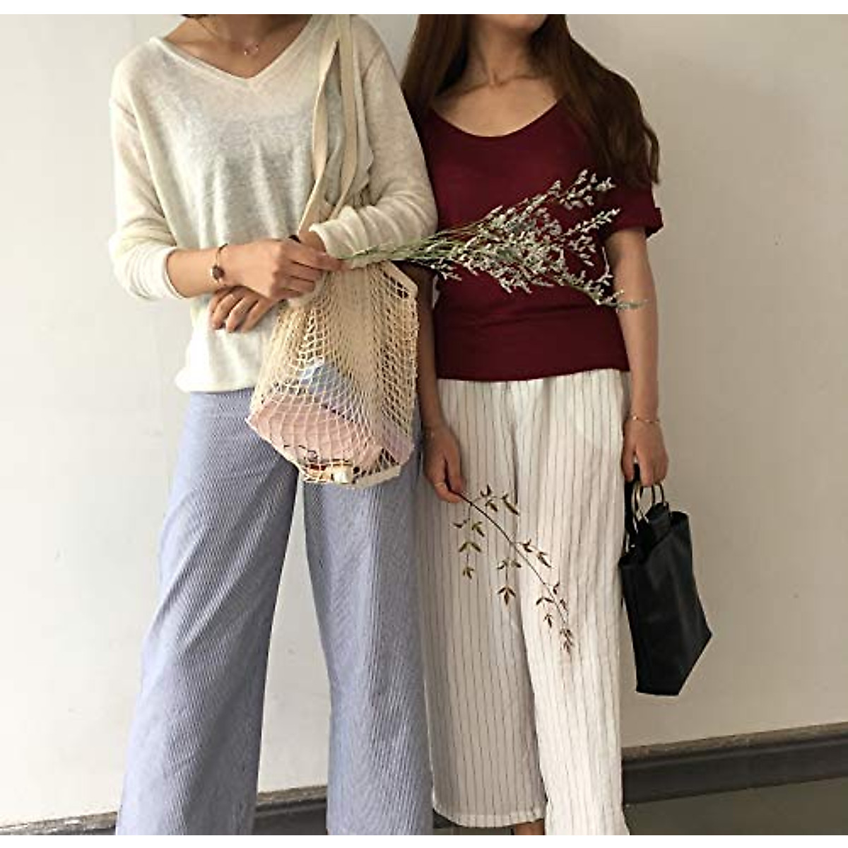 Ahyuan Ecology Reusable Cotton Mesh Grocery Bags 5Pack Long Hand Portable Washable Cotton Mesh String Organizer Shopping Bag Net Shopping Bags Net Tote Mesh Bags Fruit and Vegetable Bag (Beige)