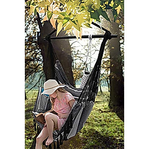 Project One Hanging Rope Hammock Chair, Hanging Rope Swing Seat with 2 Pillows, Carrying Bag, and Hardware Kit Perfect for Outdoor/Indoor Yard Deck Patio and Garden, 300 Pound Capacity (Grey Stripe)