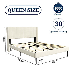 Sismplly Queen Bed Frame with Headboard,Bed Frame Queen Size Vertical Channel Tufted Wingback No Box Spring Needed, Mattress Foundation, Easy Assembly, Beige