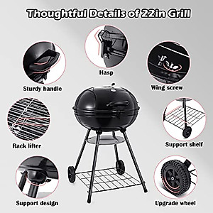 HaSteeL 22 Inch Charcoal Grill, Heavy Duty Kettle Outdoor BBQ Grill with Plastic Wheels, Large 355 Square Inches for Camping Backyard Picnic Patio Barbecue Cooking, Round Black Enamel Lid & Bowl