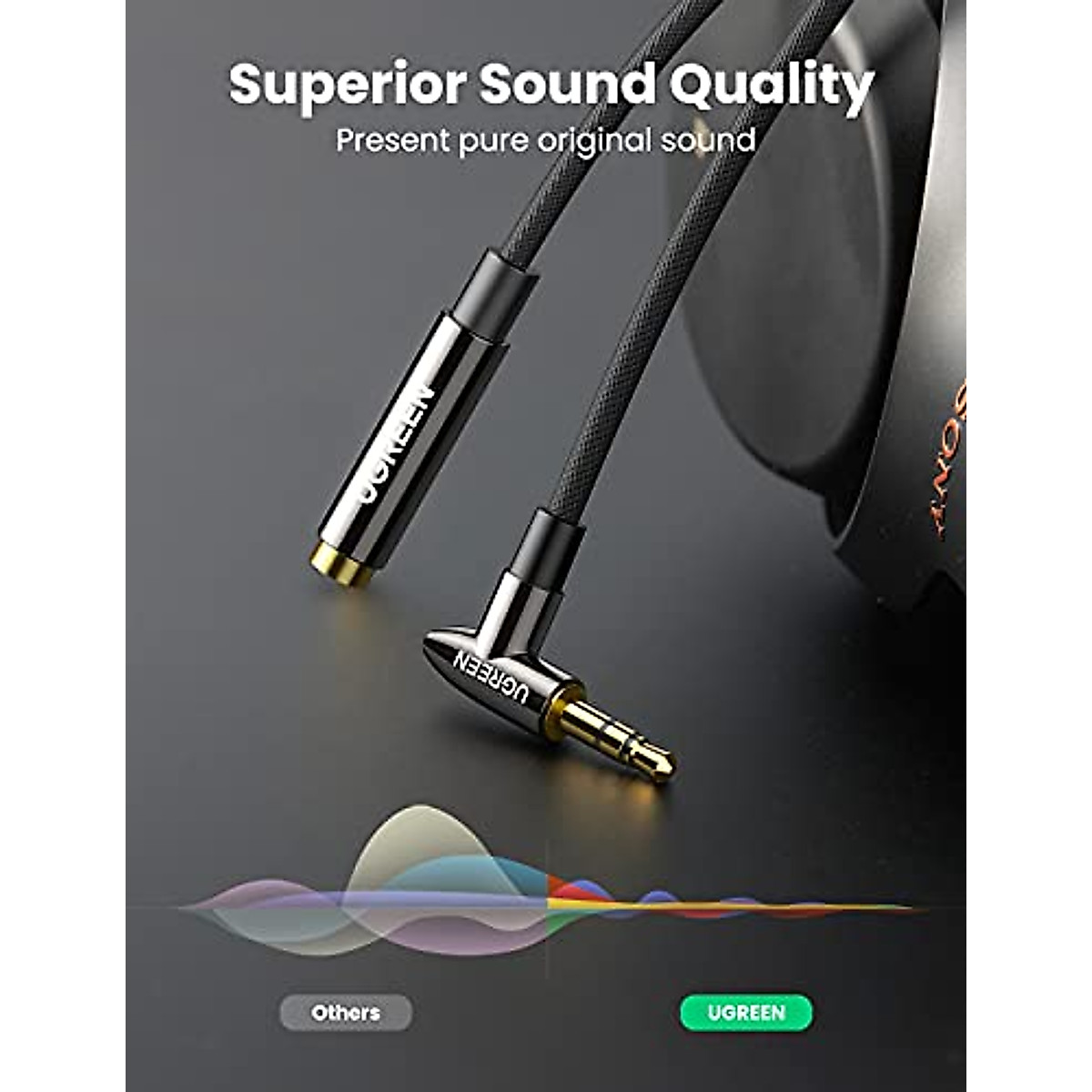 UGREEN 3.5mm Headphone Extension Cable Right Angle Aux Extender Stereo Jack Male to Female Earphone Lead Nylon Cord Compatible with Smart TV, Car Radio, PC, MacBook, Speaker, MP3 Player, Phone, 6FT