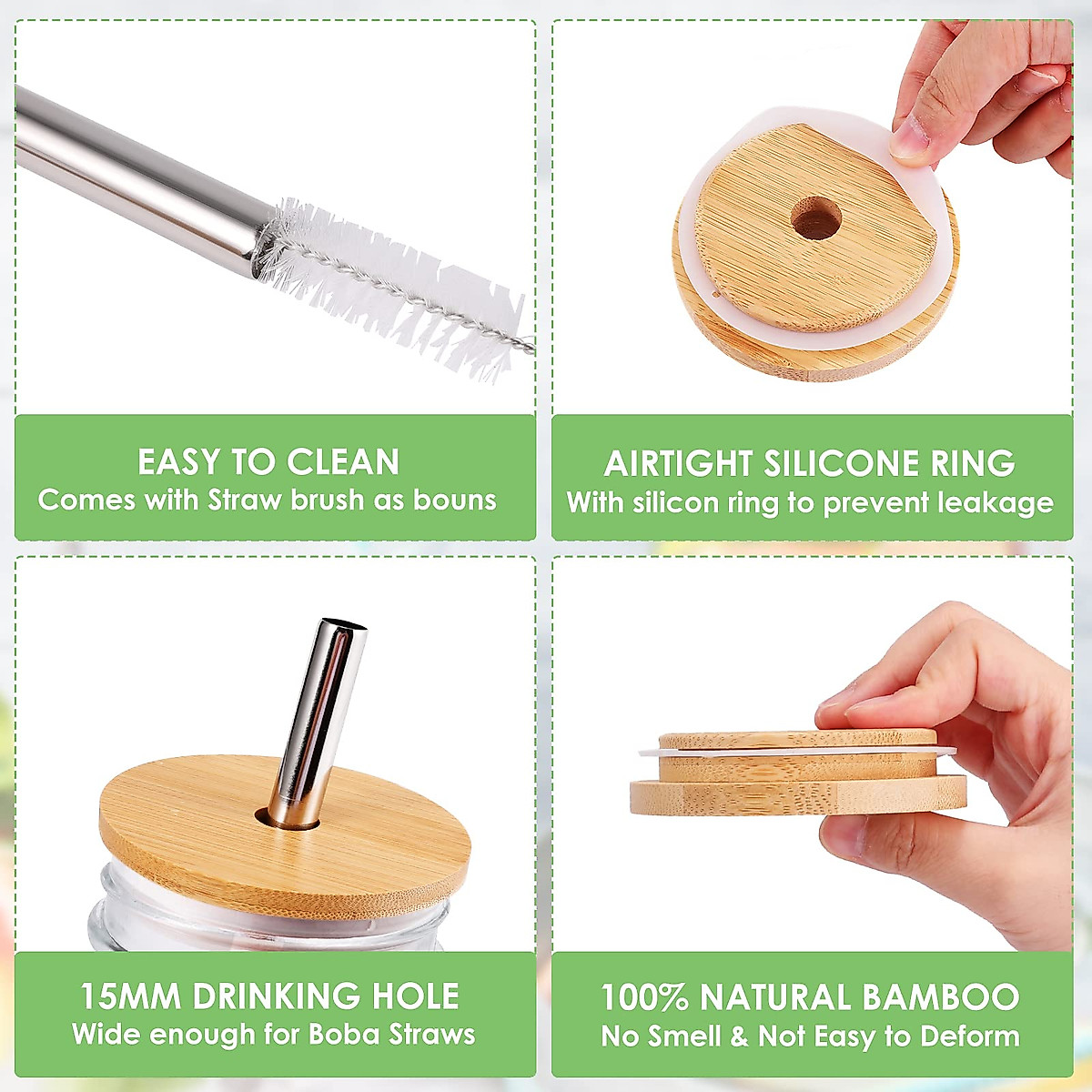 TRUSBER 4 Pack Reusable Bamboo Regular Mouth Drinking Lids with Straw Hole and Straw for Mason Jar (JAR NOT INCLUDED)