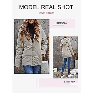 Dokotoo Womens Oversized Fashion Windbreaker Winter Autumn Full Zipper Front Drawstring Hooded Bomber Puffer Jacket Baggy Short Coats for Women Warm Comfy Soft Outerwear with Pockets Beige Medium