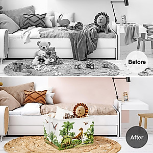 Clastyle 36L Large Green Forest Dinosaur Palm Tree Shelf Basket with Handle Collapsible Rectangle Toy Clothes Cube Storage Basket for Kids Room Nursery