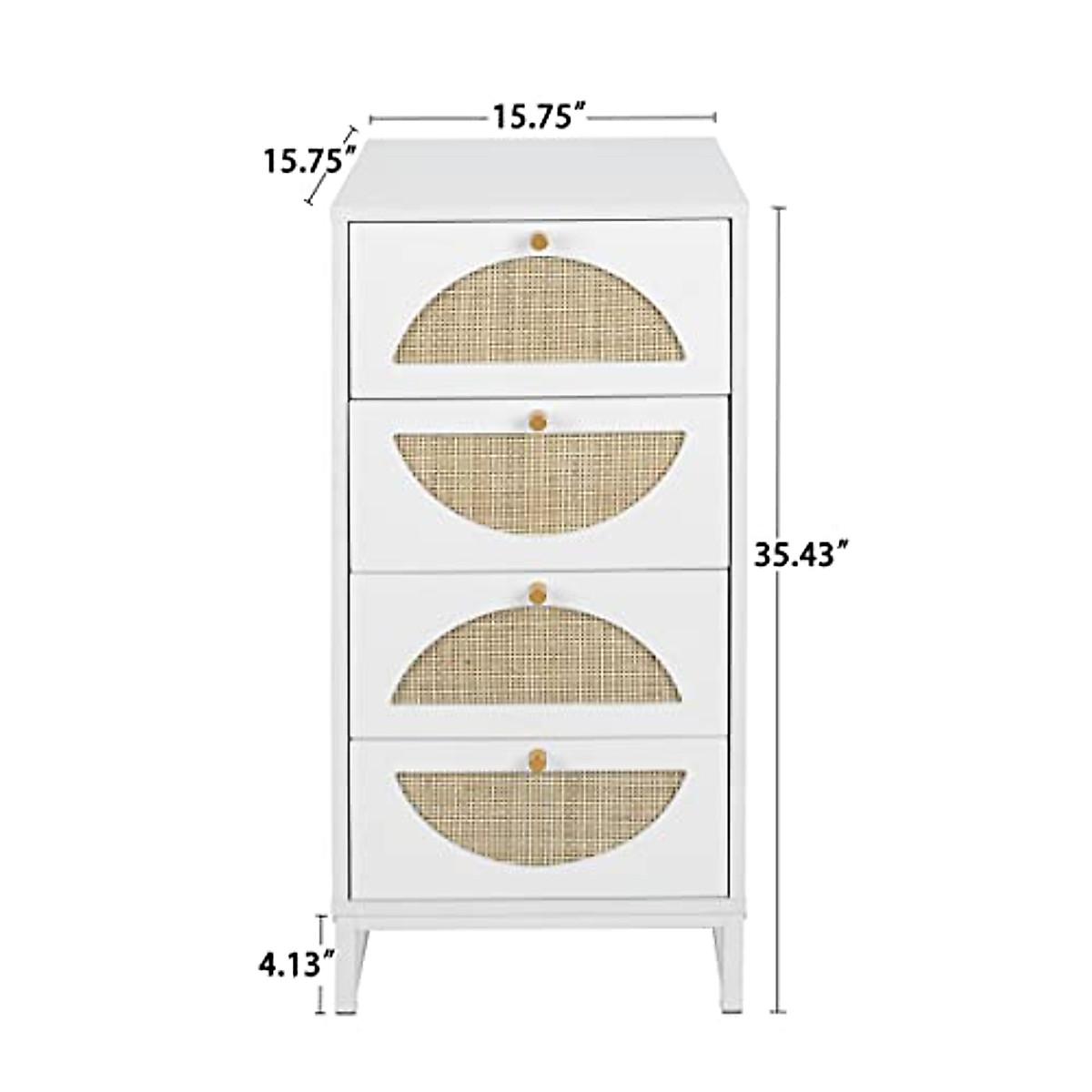 SSLine Wood&Rattan 4 Drawer Dresser 35" Tall Bedside Table Accent Storage Cabinet with Semi-Circle Wicker Drawers White Bedroom Nightstand Chest of Drawer w/Metal Frame for Living Room Entryway
