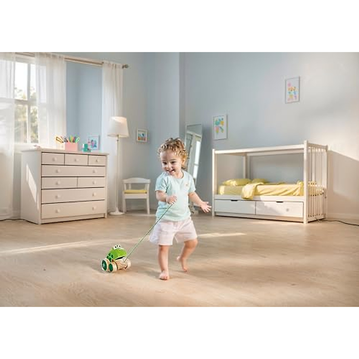 Hape Frog Pull-Along | Wooden Frog Fly Eating Pull Toddler Toy, 4.6 x 3.3 x 3.8 inches, Green