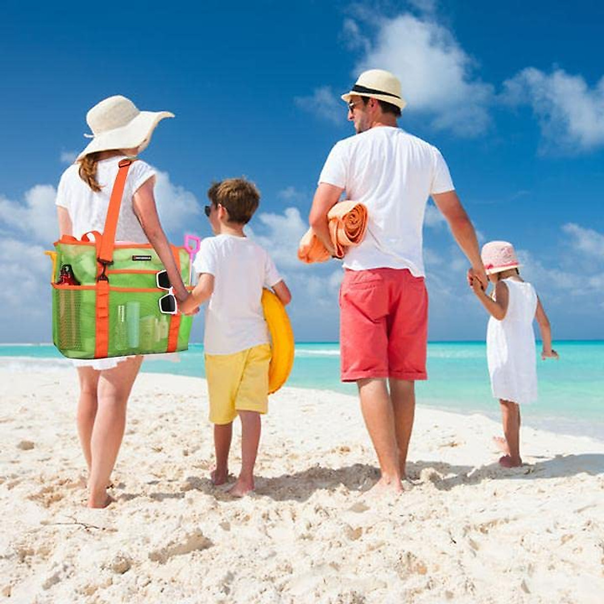 YITUYISI Mesh Beach Bag for Women 40L Large Lightweight Tote Bag For Toys & Vacation Essentials (Green and orange)