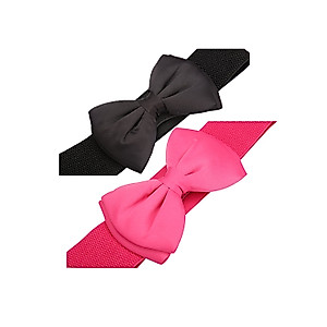 Allegra K Women Press Studs Closure Bowknot Elastic Waist Belt Fuchsia+Black