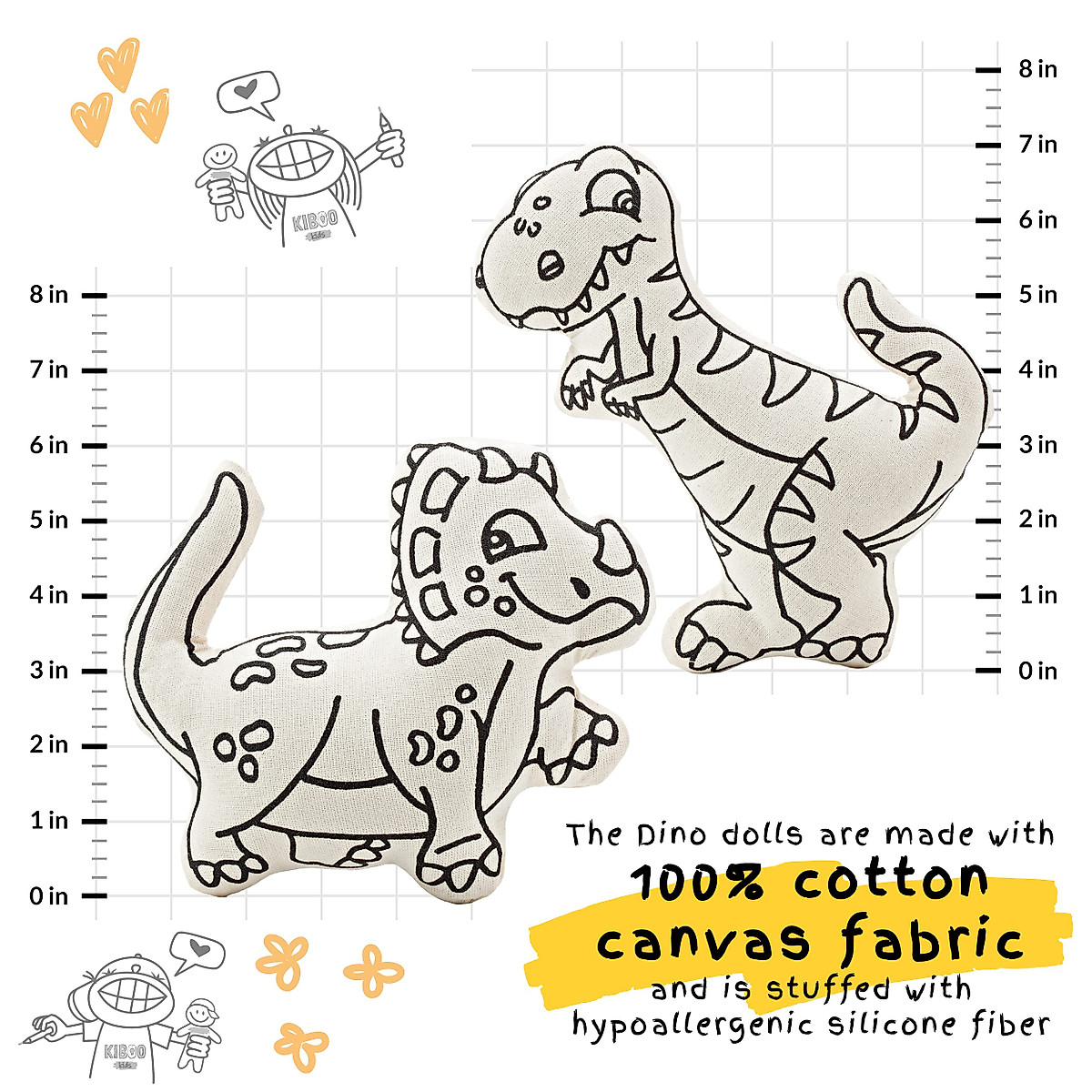 Kiboo Kids Dinosaur Toys for Coloring - T-Rex and Triceratops, Cotton Canvas, Washable Markers Included, Sustainable Toys, Educational Arts & Crafts for Parents, Grandparents, Gifts for Preschoolers
