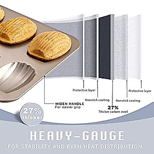 HONGBAKE Nonstick Madeleine Pan 2 Pack 12-Cavity Heavy Duty Madeleine Cookies Trays for Oven Baking, Warp Resistant Shell Shape Madeleine Mold Cake Pan, Champagne Gold