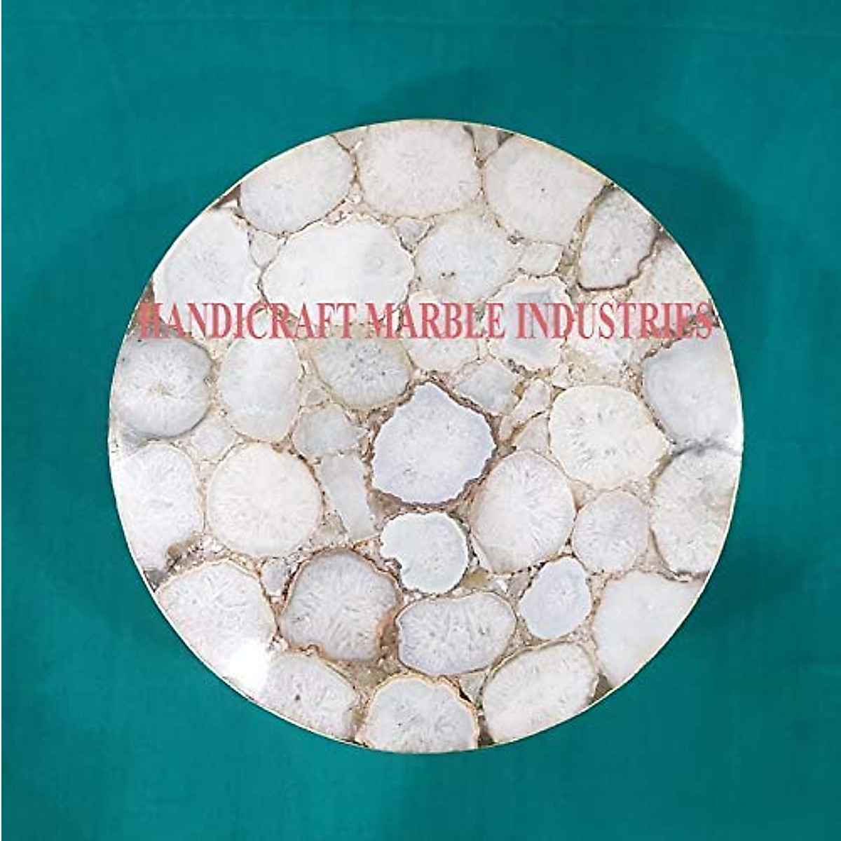 Natural White Agate Stone Round 21" x 21" Inch Table with Gold Foil Border & Metal Base, White Agate Stone Coffee Table & Metal Stand, White Agate Coffee Table, Piece Of Conversation, Family HeirLoom