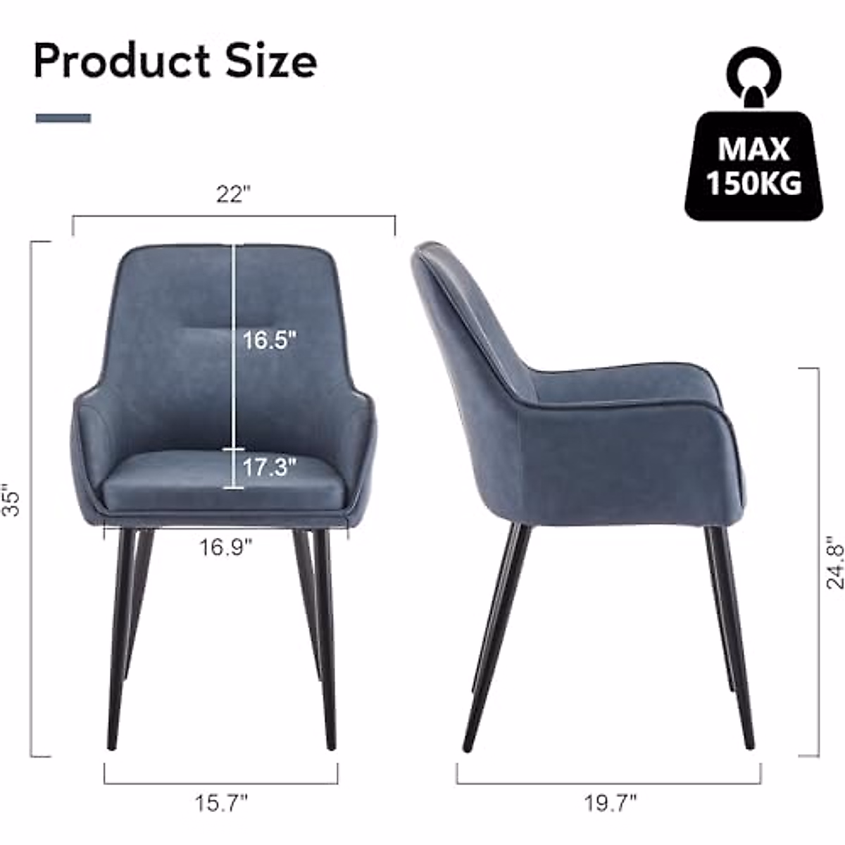 TUKAILAi Modern Design Dining Chairs Set of 4, Faux Leather Accent Chairs with Cushioned Seat and Arms, Upholstered Leisure Armchairs for Kitchen Restaurant Commercial (Blue)