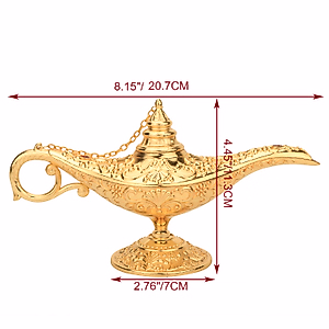LAUYOO Classic Aladdin Magic Genie Lamp Legend Wishing Light Costume Lamp Metal Carved Arabian Props for Home Tabletop Decoration Party Birthday Halloween Christmas Size 7 x 20.7 x 11.3CM-Gold