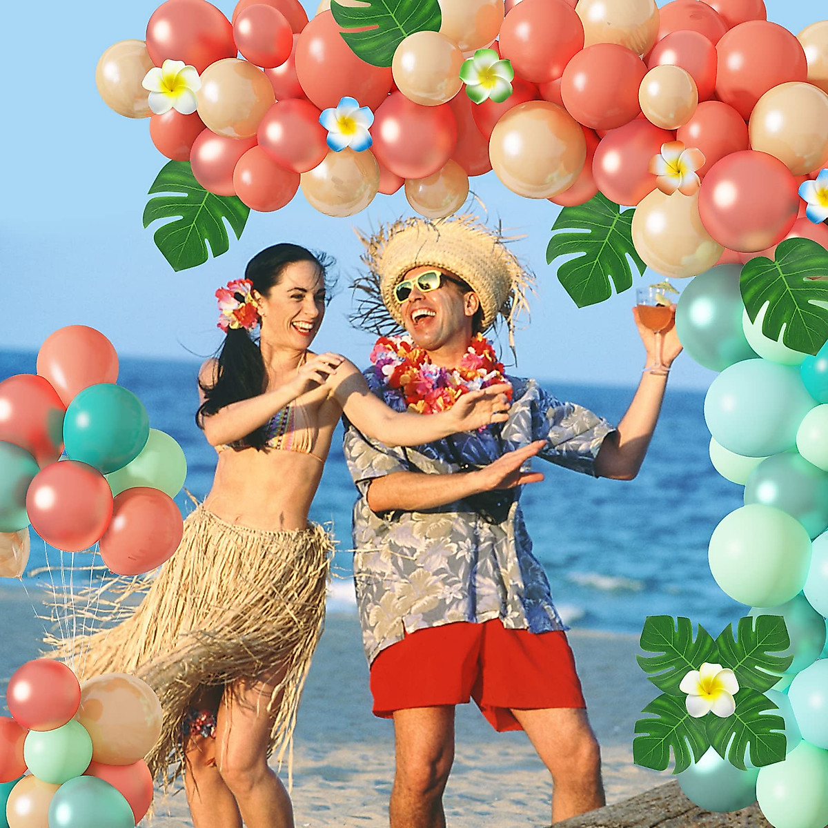 Ouddy Party Tropical Balloon Garland Arch Kit, 12"10"5" Rose Gold Blush Blue Balloons Artificial Palm Leaves Plumeria for Magic Theme Birthday Party Supplies Baby Shower Hawaii Luau Party Decorations