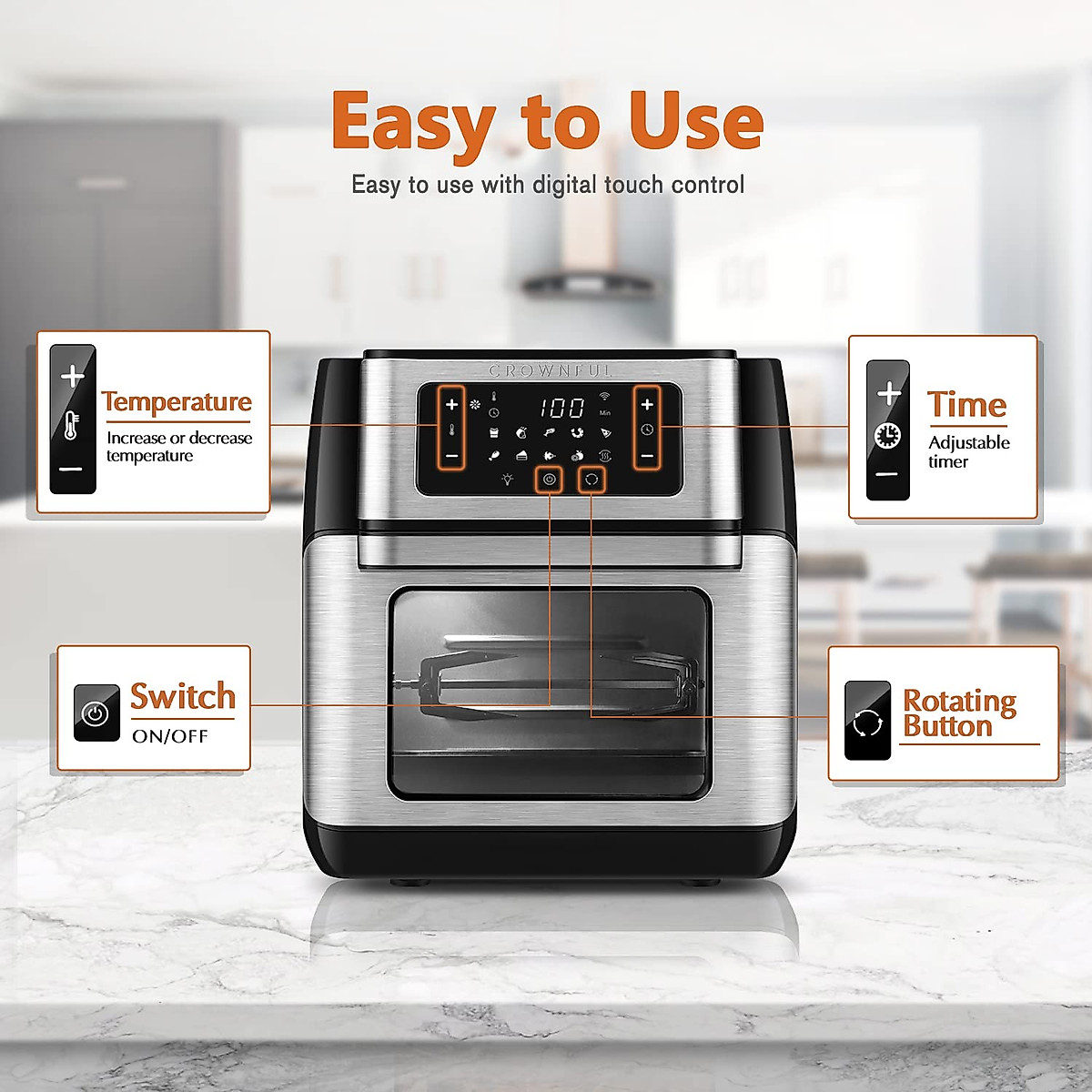 CROWNFUL Smart Air Fryer, 10.6 Quart Large WiFi Convection Toaster Oven Combo with Rotisserie & Dehydrator, Works with Alexa & Google Assistant, Accessories and Online Cookbook Included