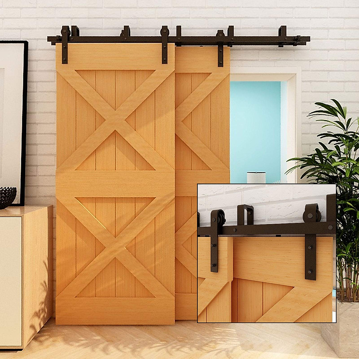 CCJH 9FT Bypass Sliding Barn Door Hardware Kit Double Track Low Ceiling Heavy Duty for Double Wooden Doors, Basic Hanger