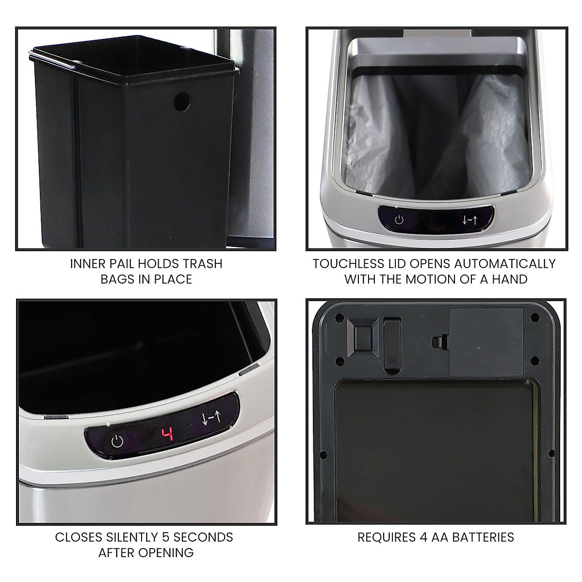 Hanover Home Hands-Free Metal Trash Can with Fingerprint-Resistant Finish, Soft-Close Motion Sensor Lid, and Removable Bin for Bathroom and Bedroom - 2.3 Gallons (9 Liters) in Stainless Steel