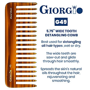 Giorgio G49 Large 5.75 Inch Hair Detangling Comb, Wide Teeth for Thick Curly Wavy Hair. Long Hair Detangler Comb For Wet and Dry. Handmade of Quality Cellulose, Saw-Cut, Hand Polished, Tortoise Shell
