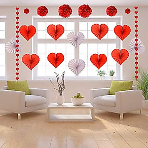 20pcs Valentines Day Decorations Set, Valentines Red Heart Paper Fans, Red Hearts Shaped Felt Garland Banner, Red Paper Pompoms Valentines Accessories for Valentines Anniversary Wedding Mother Day