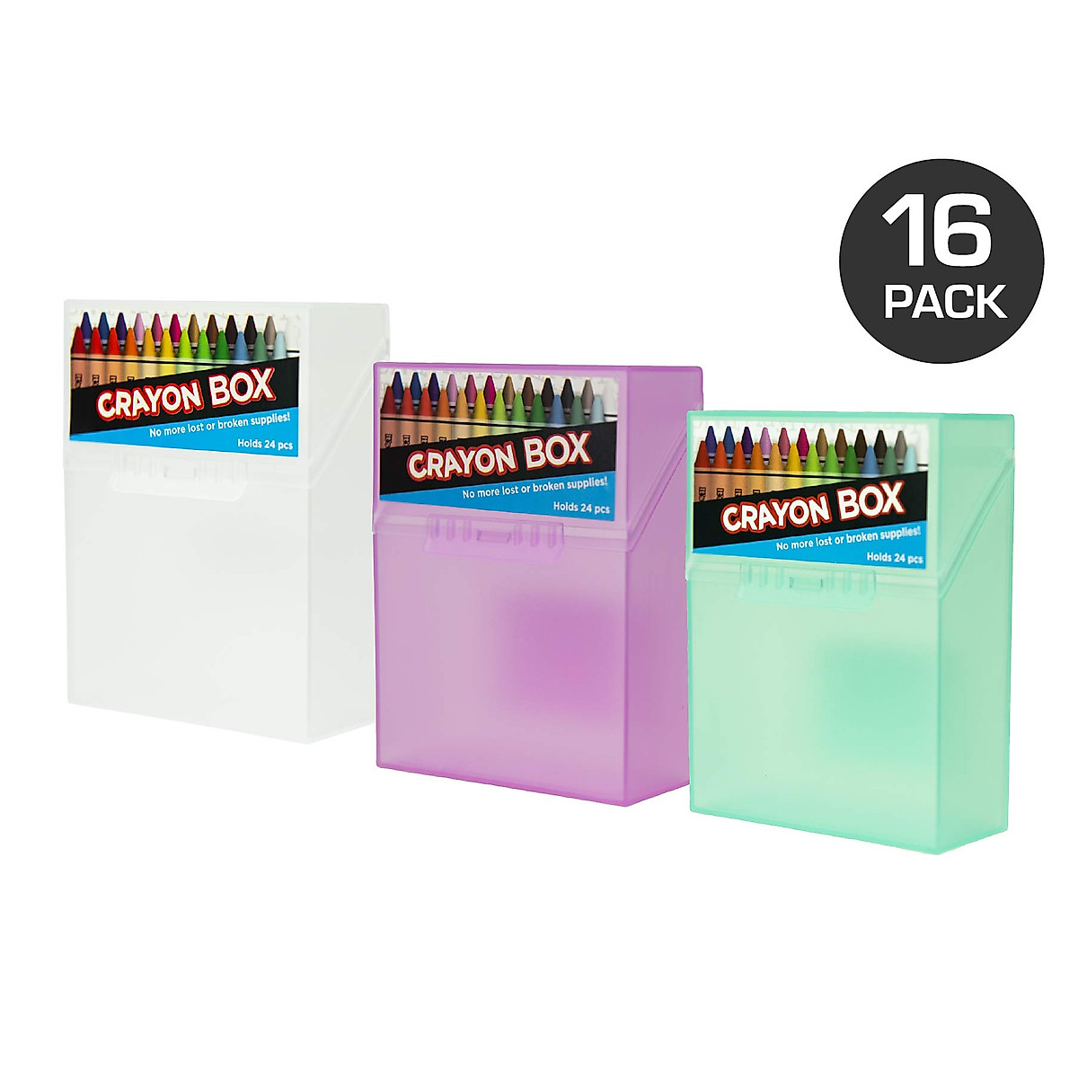 It's Academic Crayon Box with Hinged Lid and Snap Closure, Clear, Purple, and Green Plastic, 16-Pack (Colors May Vary)