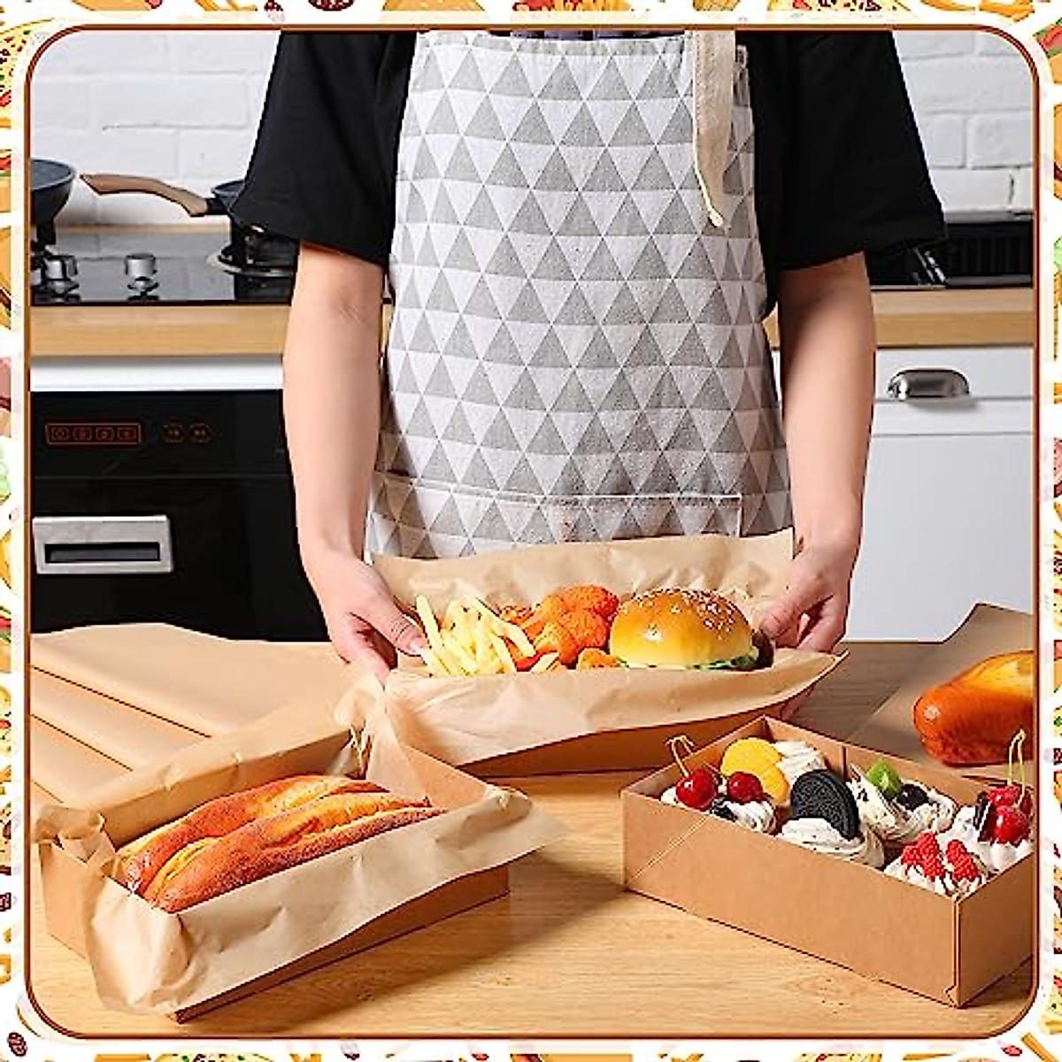 Seajan 50 Pack 40oz Disposable Food Box and 100 Pcs Sandwich Wrapping Paper Kraft Paper Food Tray Paper Food Containers Paper Trays for Food Foldable Fast Food Holders Greaseproof Liners for Snack