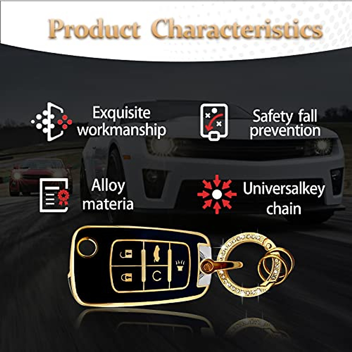 Compatible with Chevy Key Fob Cover with Keychain Lanyard, Soft TPU Keys Shells Replacement for Chevrolet Buick Camaro Cruze Equinox Malibu Impala Spark Sonic GMC-Black