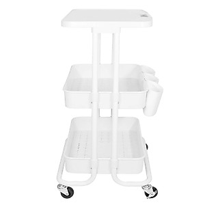3 Tier Rolling Storage Cart with Table Top & Hanging Cups Utility Organizer Cart for Kitchen Bathroom Classroom, White