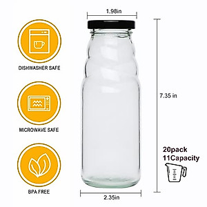 QAPPDA 11OZ Glass Milk Bottle with Lids,Set of 20 Clear Glass Bottle with Black Metal Lids,350 ML Vintage Beverage Drinking Bottle,Reusable Water Container for Kombucha,Juice,Party